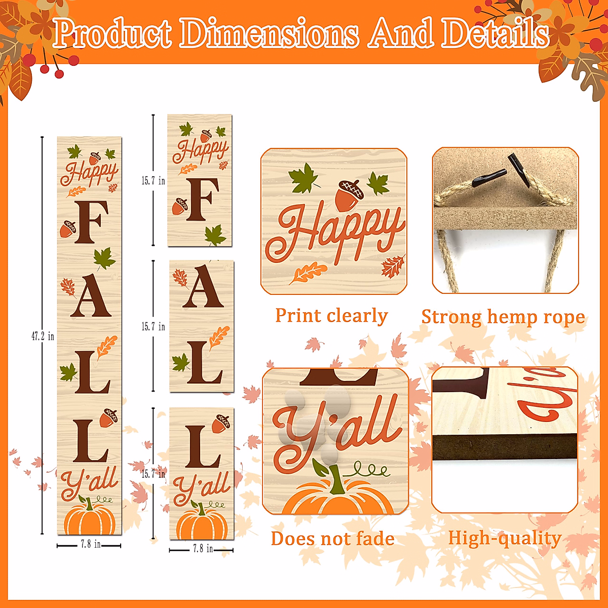 Happy Fall Sign Autumn Front Door Hanging Decor Welcome Sign Wooden Vertical Indoor Outdoor Standing Sign For Garden Home Yard Farmhouse Porch 47.2 x 7.8 Inch