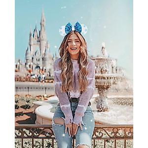 WOVOWOVO Mouse Ears Headbands for Women Girls Sparkle Bow Hairbands Halloween Christmas for Cosplay Costume Princess Party Decorations (Blue Snowflake)