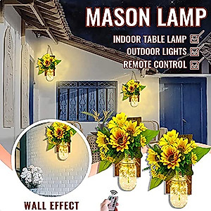 Mason Jar Sconces, Farmhouse Home Decor, Rustic Wall Sconces, LED Fairy Lights, Sunflower, Interior Decoration Warm Toned Lighting. (2 Pack)(with Remote Control)