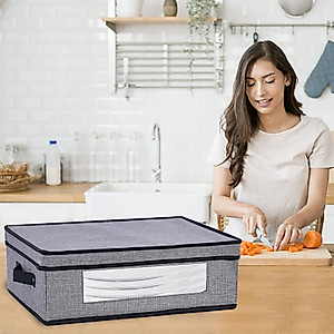 YheenLf 3 Sets China Storage Containers With Lid and Handles, Dinnerware Storage Box for Dishes Plate Storage Containers with 12 Felt Dividers, Hold 12 Plates, 17 x 13 x 6 inches, Grey