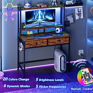 Furologee Small Computer Desk with Drawers, 36 Inch Home Office Desks with Power Outlet and LED Light, Gaming Desk with Monitor Stand, Modern Work/Writing/Study Table for Bedroom, Rustic Brown