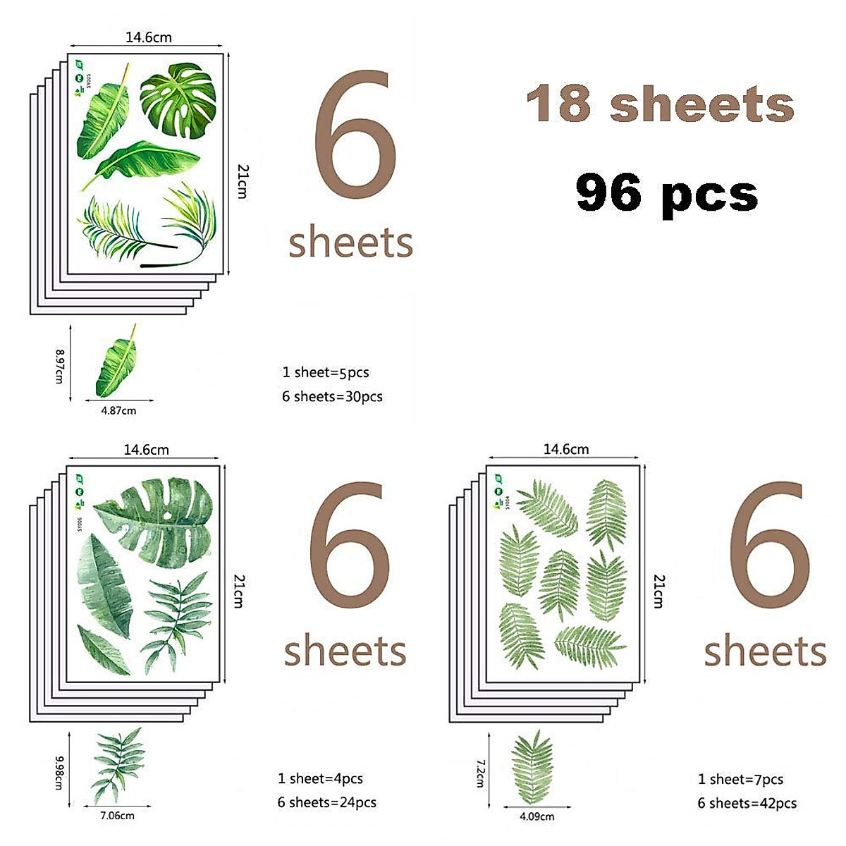 Finduat 96 Pcs Palm Leaf Wall Stickers Decals, Floor Decals, Classroom Home Party Decoration Removable Tropical Plants Tree Leaves Stickers for Kids Nursery Room Decor