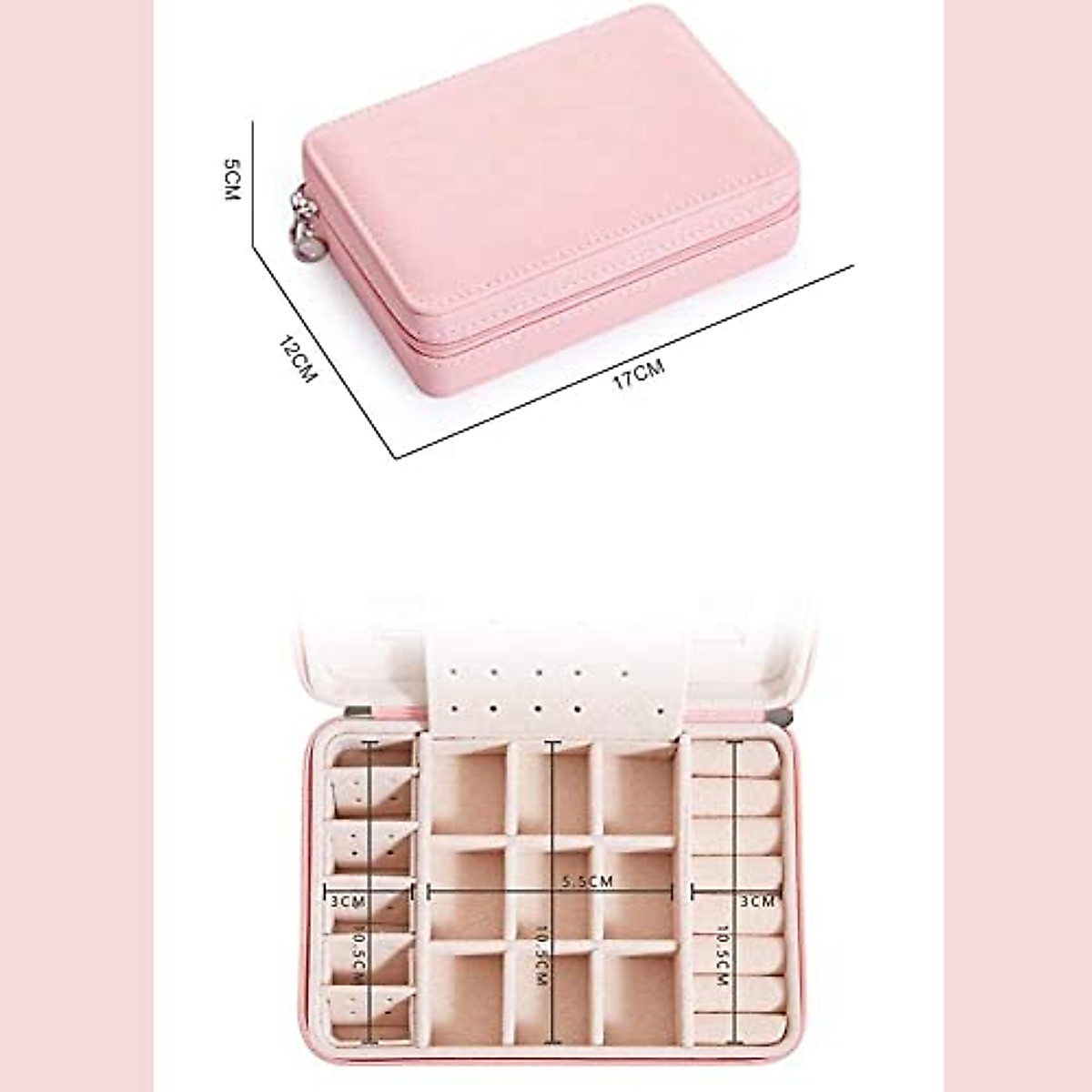 AN207 Portable Pu Simple Ear Stud Jewlery Box Zipper Earrings Ring Necklace Multi-Functional Jewelry Box Small Jewelry (Color : Pink)