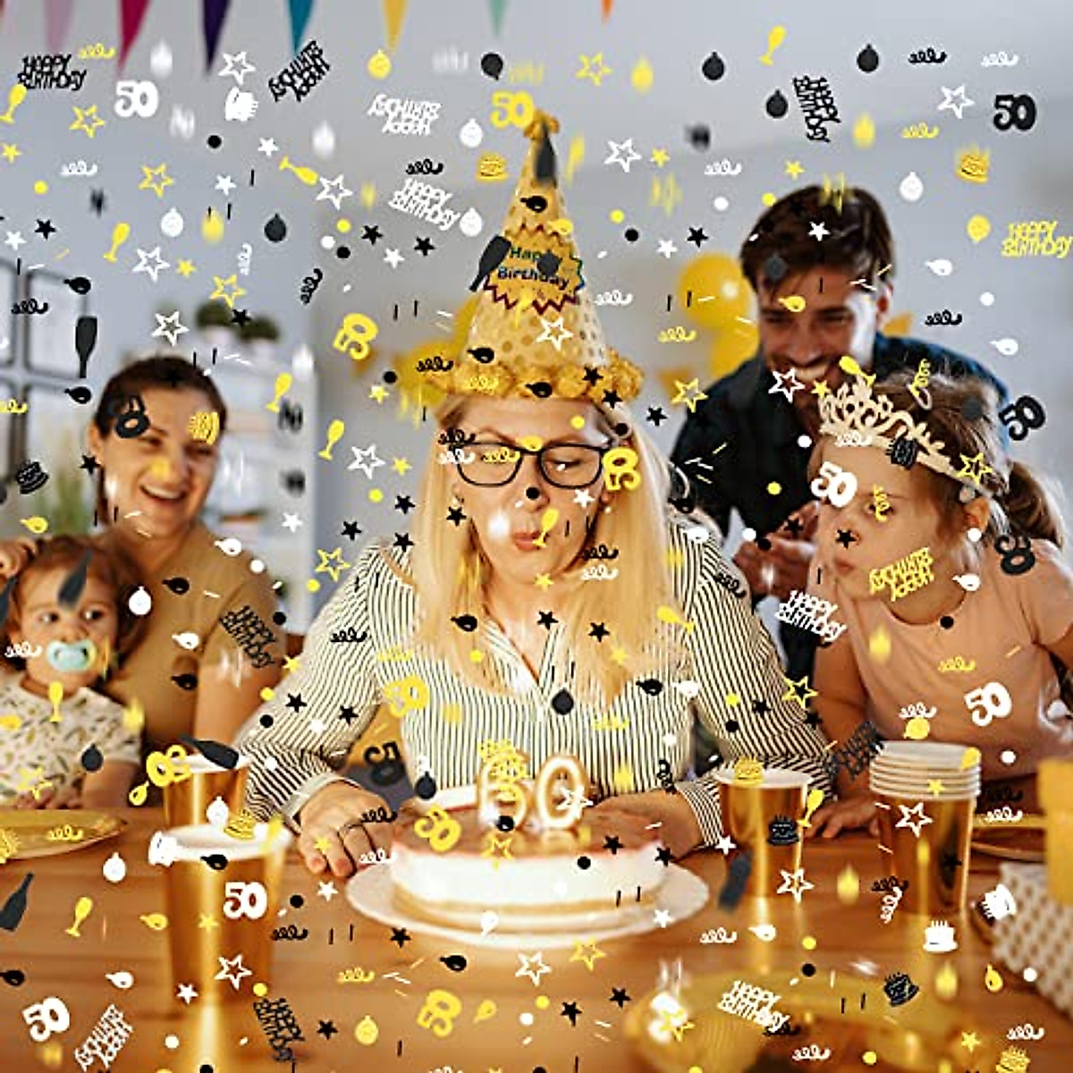 3000 Pieces Happy Birthday Confetti Number 50 Confetti Birthday Cake Confetti Table Scatter Confetti, Black Gold Silver Party Decorations Supplies for Birthday Anniversary (50th Style)