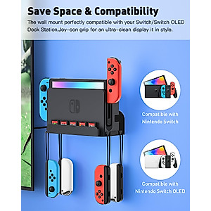 ZAONOOL Wall Mount for Nintendo Switch and Switch OLED with 2 Controller Wall Holders, Metal Wall Mount Kit Stand with 5 Game Card and 4 JoyCon Shelfs, Safely Store Console Near or Behind TV, Black