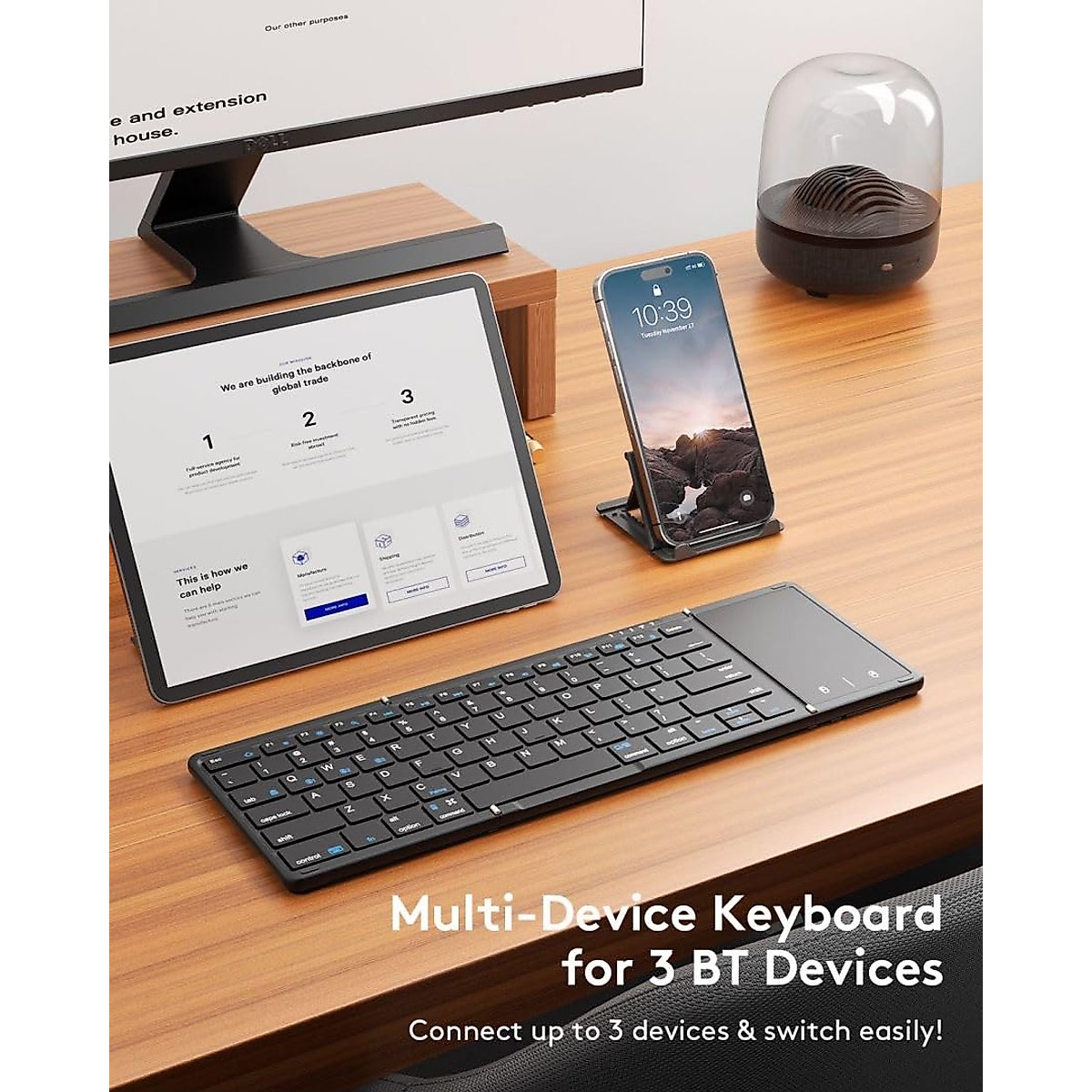 Samsers Foldable Bluetooth Keyboard with Touchpad, Full-Size Wireless Folding Keyboard with PU Leather, Portable Travel Keyboard for iOS Android Windows Mac OS, Support 3 Devices (BT5.1 x 3), Black
