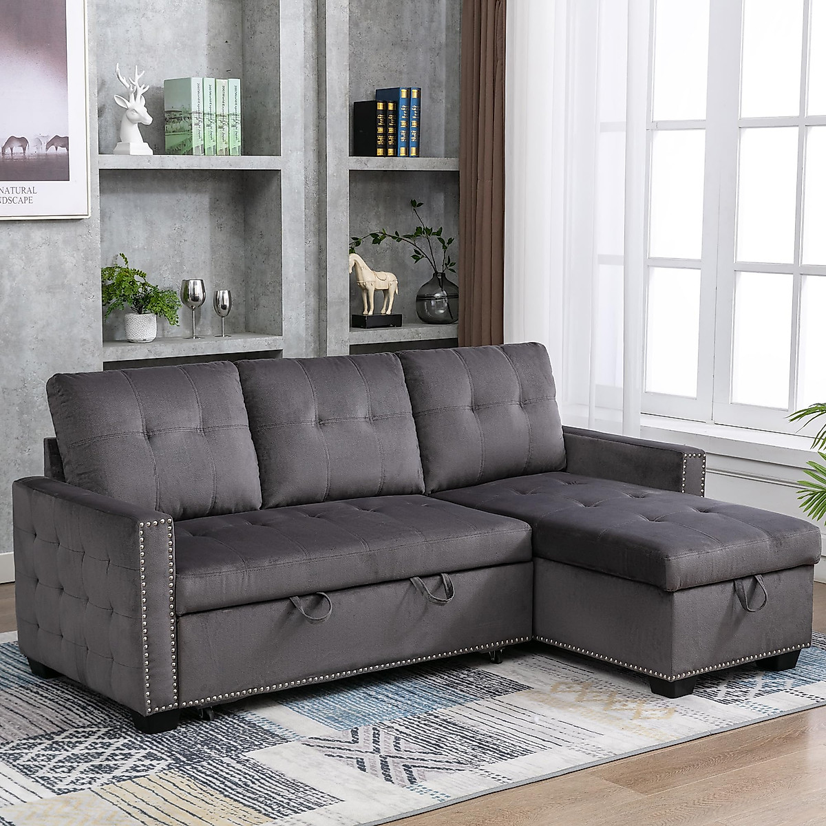 Polibi 76.8'' Pull Out Sleeper Reversible Sectional Storage Sofa Bed,Convertible Velvet Corner Sofa Bed and L-Shape 2 Seat Sectional Chaise with Storage,Sleeper Sofa for Living Room,Dark Grey