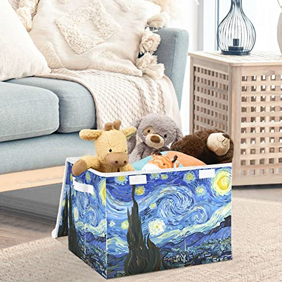 CaTaKu Large Fabric Storage Bins With Lids, Van Gogh The Starry Night Storage Boxes With Handles for Organizing Clothes, Collapsible Storage Cube Bins Baskets for Shelves