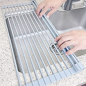 KEEWILL Roll Up Dish Drying Rack - Over The Sink Silicone Coated Sink Drying Rack for Kitchen Large (20.5"x13")
