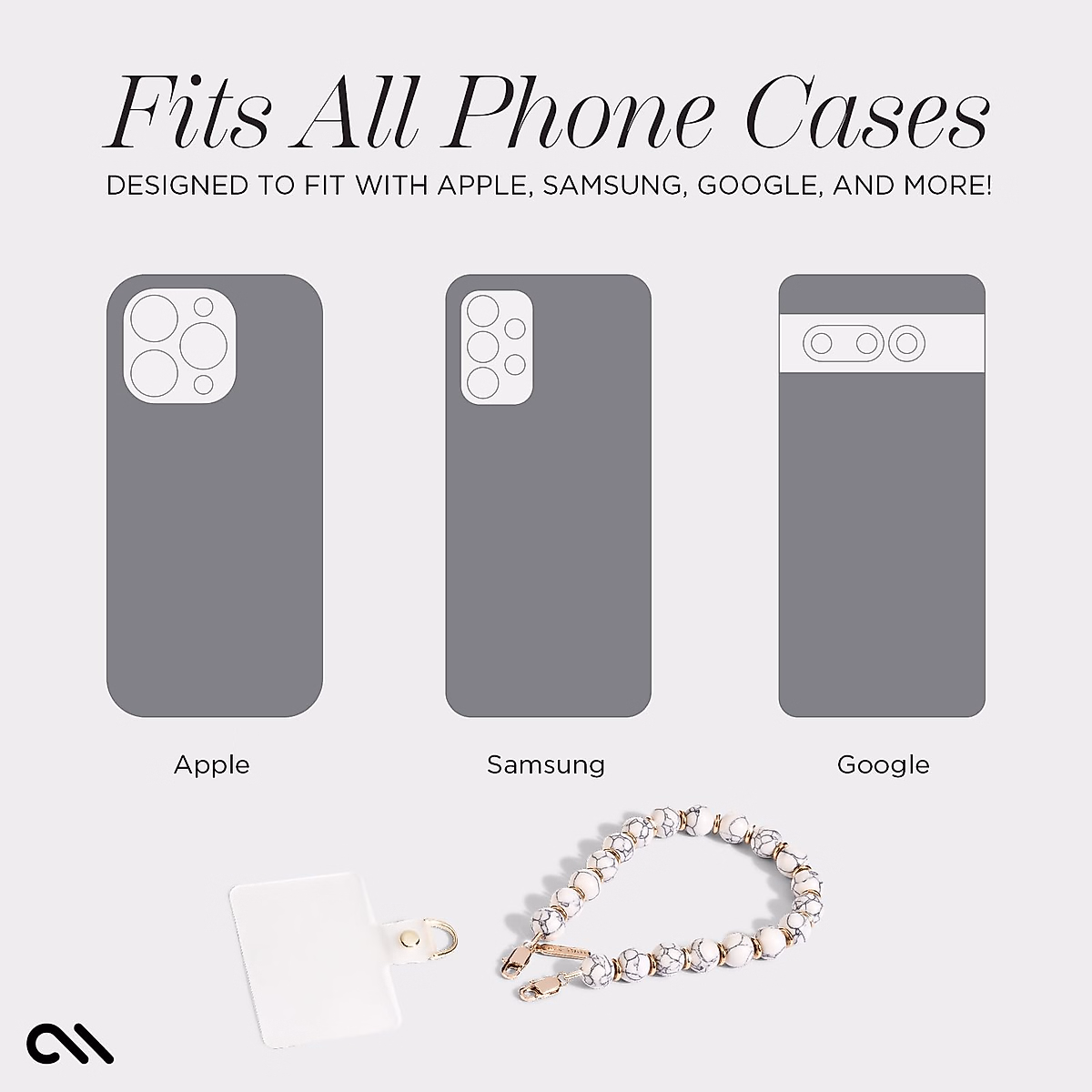 Case-Mate Phone Charm with Beaded Marble | Detachable Anti Theft Phone Strap | Hands-Free iPhone Wrist Strap for Women | Phone Chain Wristlet - Fits Apple, Samsung, Google Pixel & More | White Marble