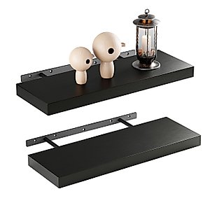 BATODA 17 Inch Black Floating Shelves Wall Mounted for Bathroom – Rustic Farmhouse Wooden Wall Storage Shelf Bedroom, Kitchen, Home Décor - Brackets and Shelving Mounting (Set of 2 Acacia Wood)