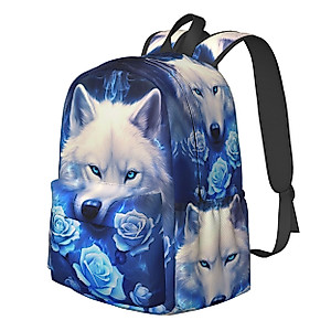 FeHuew 16 inch backpack Fantasy Blue Roses Wolf Laptop Backpack Full Print School Bookbag Shoulder Bag for Travel Daypack
