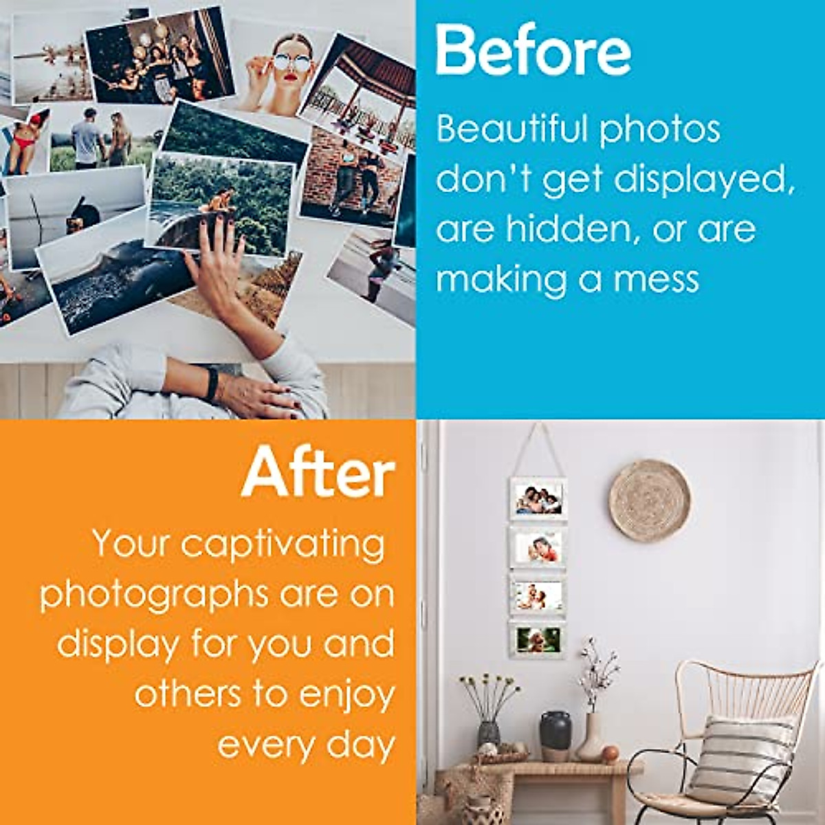 Houseables Collage Picture Frame, Hanging Photo Frames, 4” x 6” Prints, 2 PK, 4 Frame Set, White, Whitewash, Wood, w/Glass, Twine, Hanger, Rustic Style, Country Chic, Landscape, Farmhouse Decor