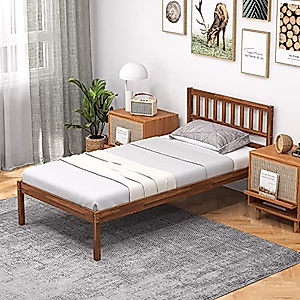 Giantex Wood Twin Bed Frame with Headboard, Mid Century Platform Bed with Wood Slat Support, Solid Wood Foundation, 12 Inch Height for Under Bed Storage, Easy Assemble, Walnut