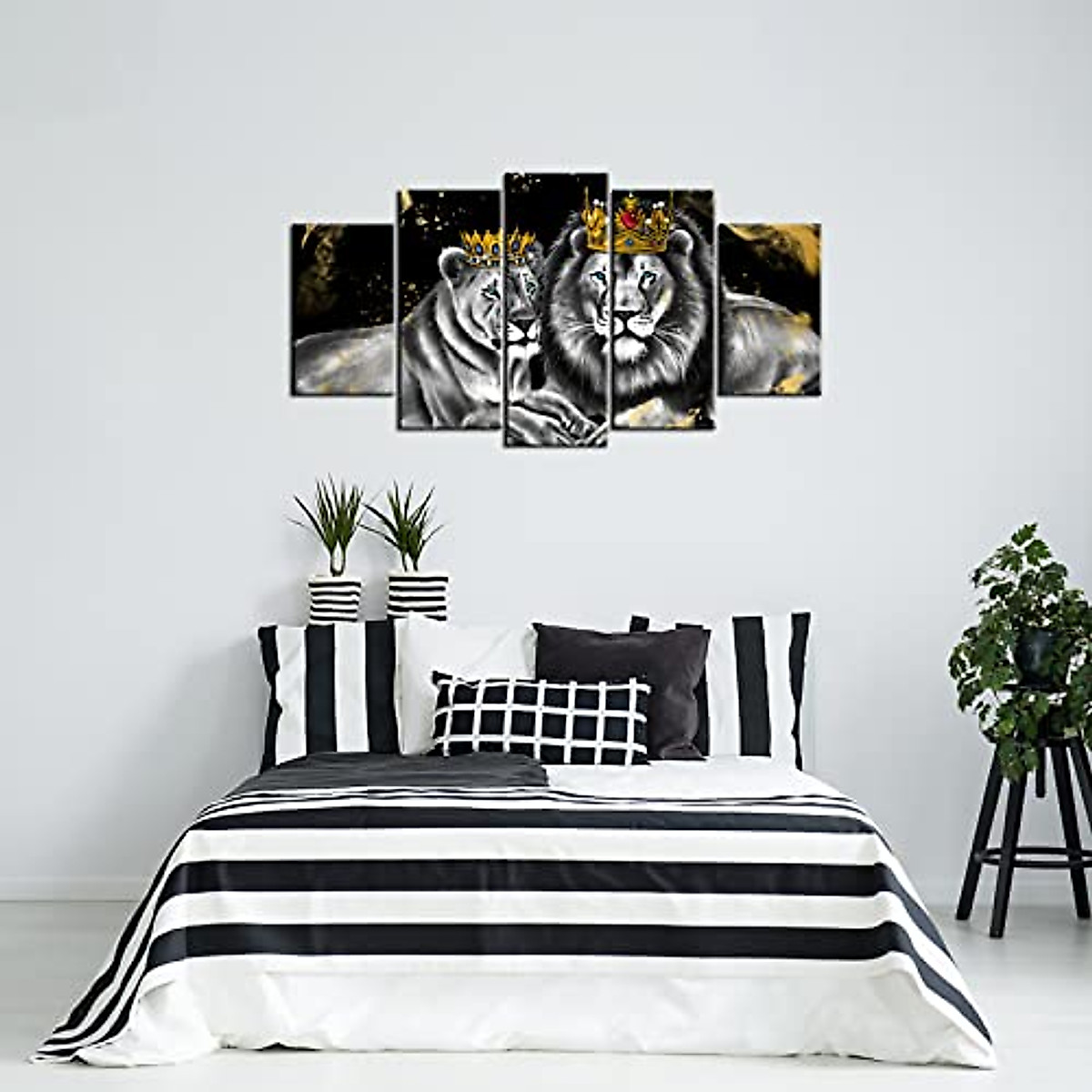 OuElegent 5 Piece Lion and Lioness Pictures Wall Decor King and Queen with Golden Crown Canvas Painting African Animal Poster Artwork for Living Room Bedroom Framed Ready to Hang