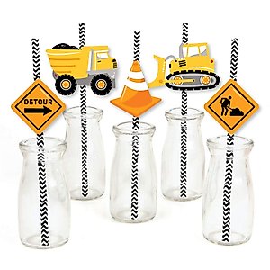 Big Dot of Happiness Dig It - Construction Party Zone - Paper Straw Decor - Baby Shower or Birthday Party Striped Decorative Straws - Set of 24