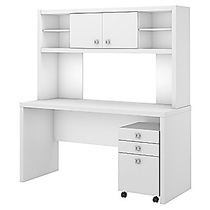 Bush Business Furniture Echo Credenza Desk with Hutch and Mobile File Cabinet, Pure White