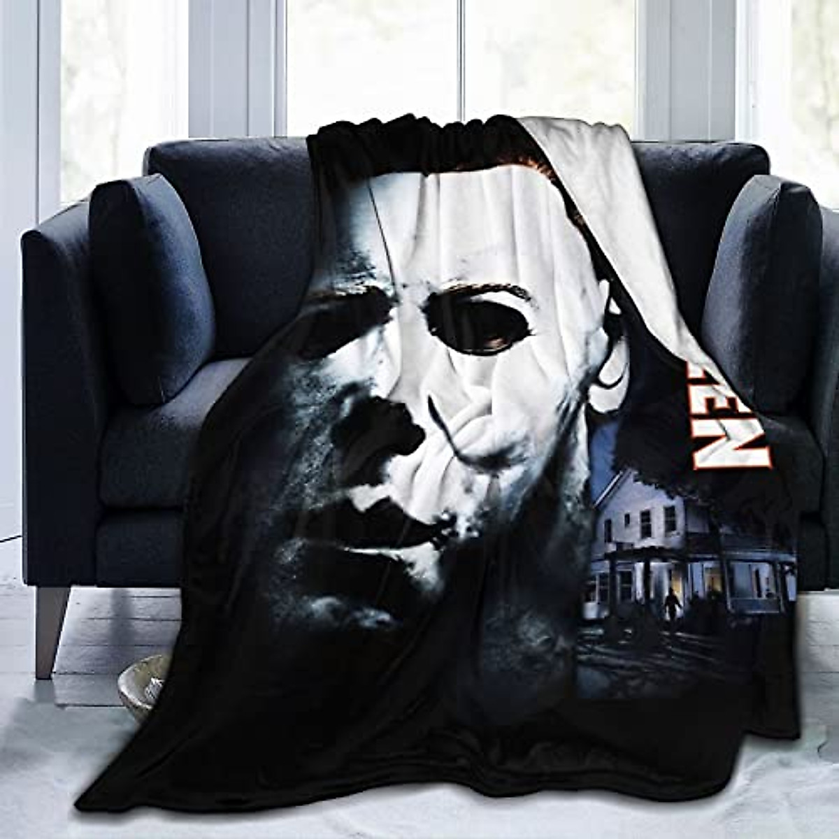 2PCS Horror Movie Watching Halloween Michael Myers Throw Blanket Scary Movie Scream for Couch Sofa or Bed 50inch*60inch Pillow Covers 18 * 18inch