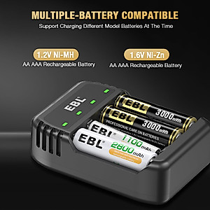 EBL Rechargeable AA Batteries with 4 Bay Ni-Zn/Ni-MH Battery Charger - 4 Pack 3000mWh - 1.6V Double A Battery High Performance and AA AAA Battery Charger