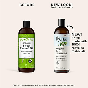 Sky Organics - Organic Sweet Almond Oil, 16 fl oz - Soft & Soothe Oil - Skin Moisturizer - Silky, Lightweight Texture - 100% Pure - Non-Greasy - Natural, Vegan, & Cruelty Free - Beauty & Self Care