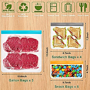 12 Pack Reusable Food Storage Bags (4 Reusable Sandwich Bags, 5 Reusable Snack Bags, 3 Reusable Gallon Bags) BPA Free Food Grade Leakproof Reusable Freezer Bags for for Lunch Sandwich Snack Meat Fruit