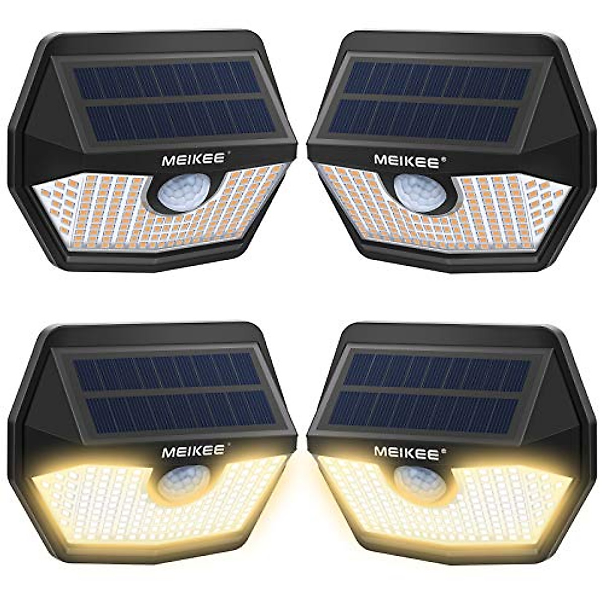 MEIKEE Solar Lights Outdoor Motion Sensor, 150 LEDs 2700K Warm White Solar Motion Light Outdoor 270° Wide Angle, IP65 Waterproof Solar Security Lights for Garden Patio Yard Deck Garage Fence -4 Pack