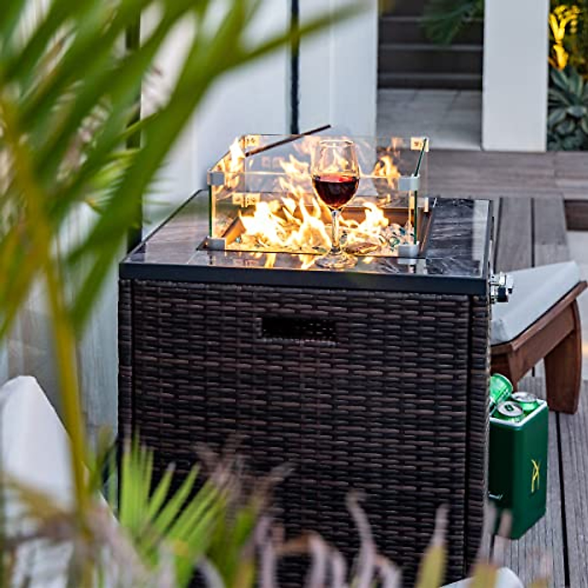 AJ Enjoy 24in Outdoor Propane Gas Fire Pit Table, 40,000 BTU Auto-Ignition Gas Firepit with Glass Wind Guard, Marble Tile Tabletop, Mixed Color Glass Rocks, Brown PE Rattan