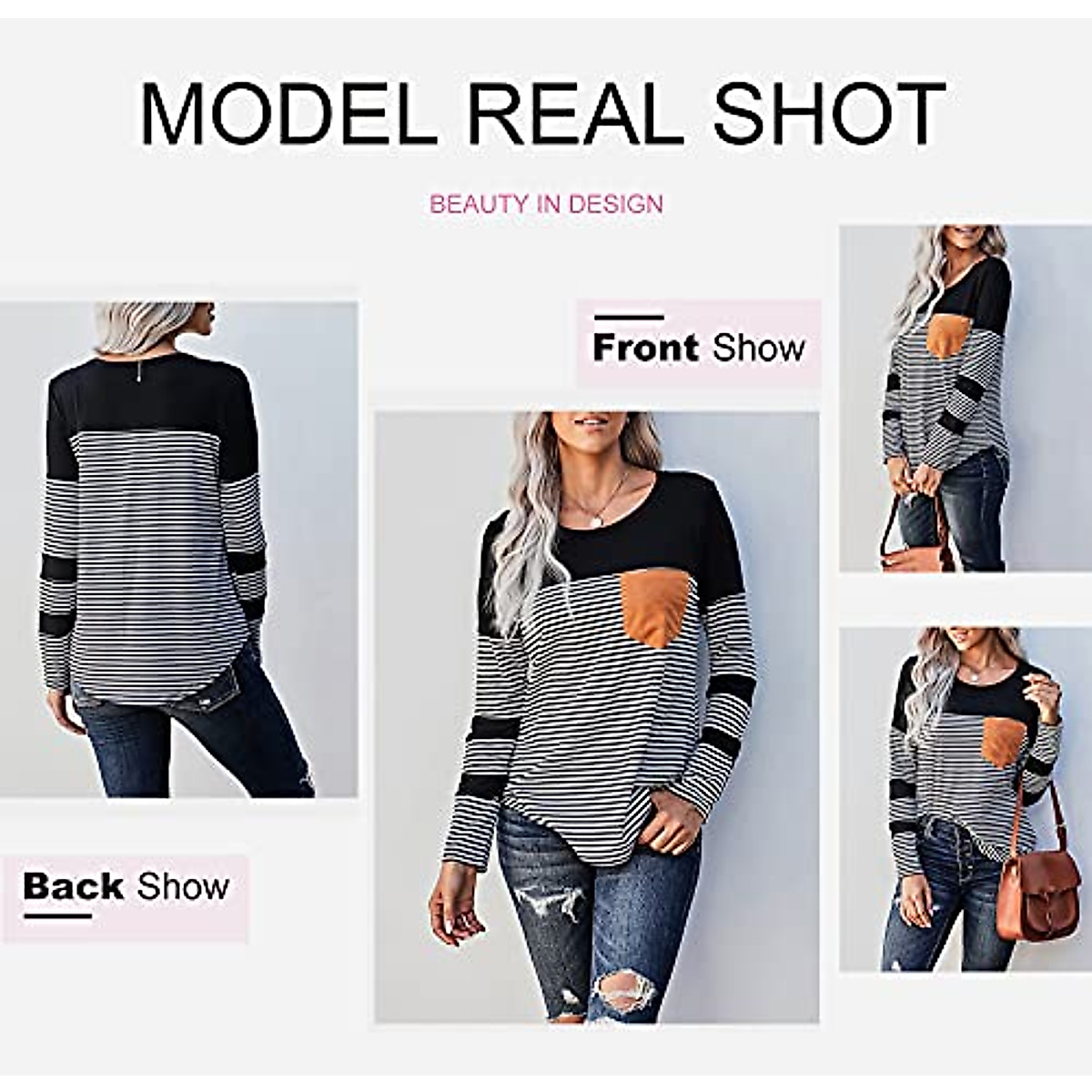 Diukia Women's Pinstripe Patch Pocket Long Sleeve Tops Stripe Color Block Lightweight Pullover Shirt for Girls Teens Junior Ladies Black L