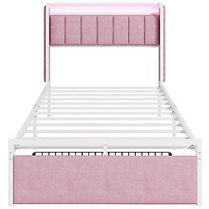 LIKIMIO Twin Size Bed Frame with Armrests Headboard & RGB Light, Upholstered Twin Size Bed Platform with Drawers, No Box Spring Needed, Study & No Noise, Modern Pink