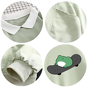 Wrenpies Frog Skateboarding Sweatshirt with Collar Hoodie Cotton Pullover Aesthetic Hoodies for Teen Girls Top Kawaii Clothes (Green,M)