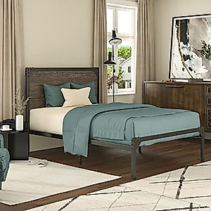 IMUsee Twin Size Platform Metal Bed Frame with Wood Headboard, Heavy Duty Bed Frame with 11" Under-Bed Storage Space, No Box Spring Needed, Easy Assembly, Noise Free, Rustic Brown