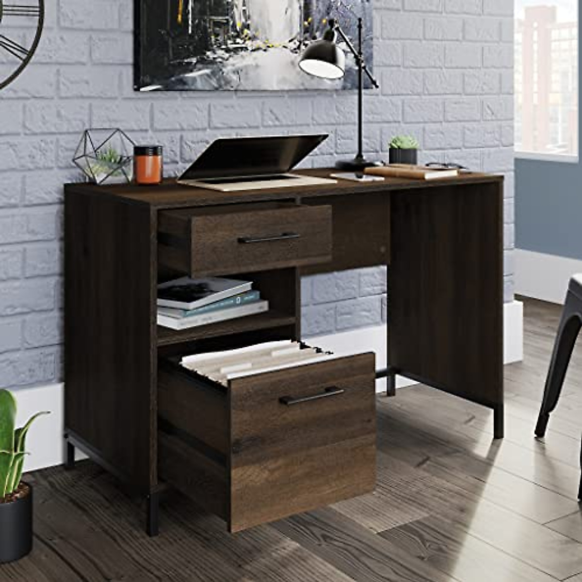 Sauder North Avenue Pedestal Home Office Desk, L: 41.97" x W: 18.50" x H: 28.15", Smoked Oak Finish