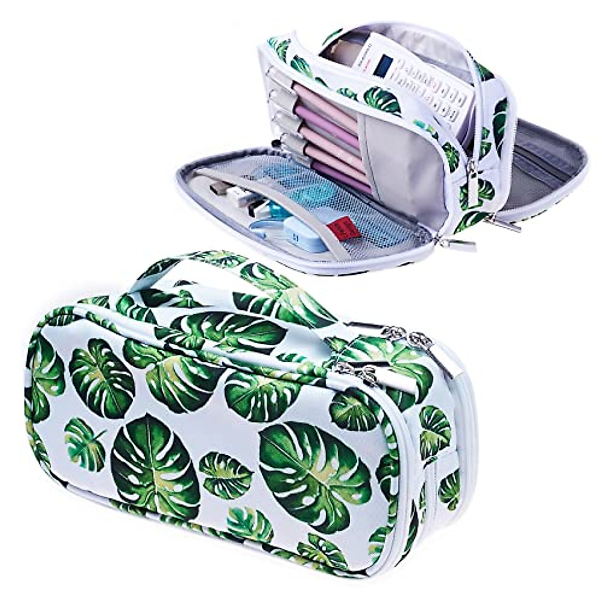 LParkin Tree Leaves Cute Pencil Case Super Large Capacity 3 Compartments Canvas Pen Bag Pouch Stationary Case Makeup Cosmetic Bag