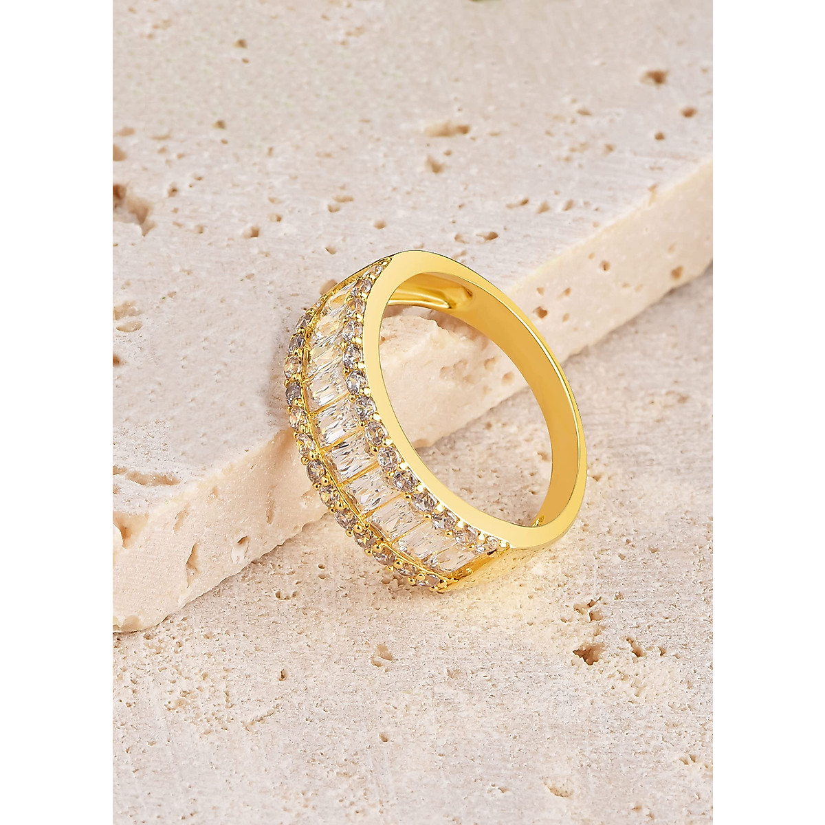 Beutirer Wedding Rings for Women, 18K Gold Plated Promise Wedding Band for Women, 3-Row Round and Baguette Emerald Cut Cubic Zirconia Engagement Rings, Anniversary Rings, Gold Rings for Women Size 5-9