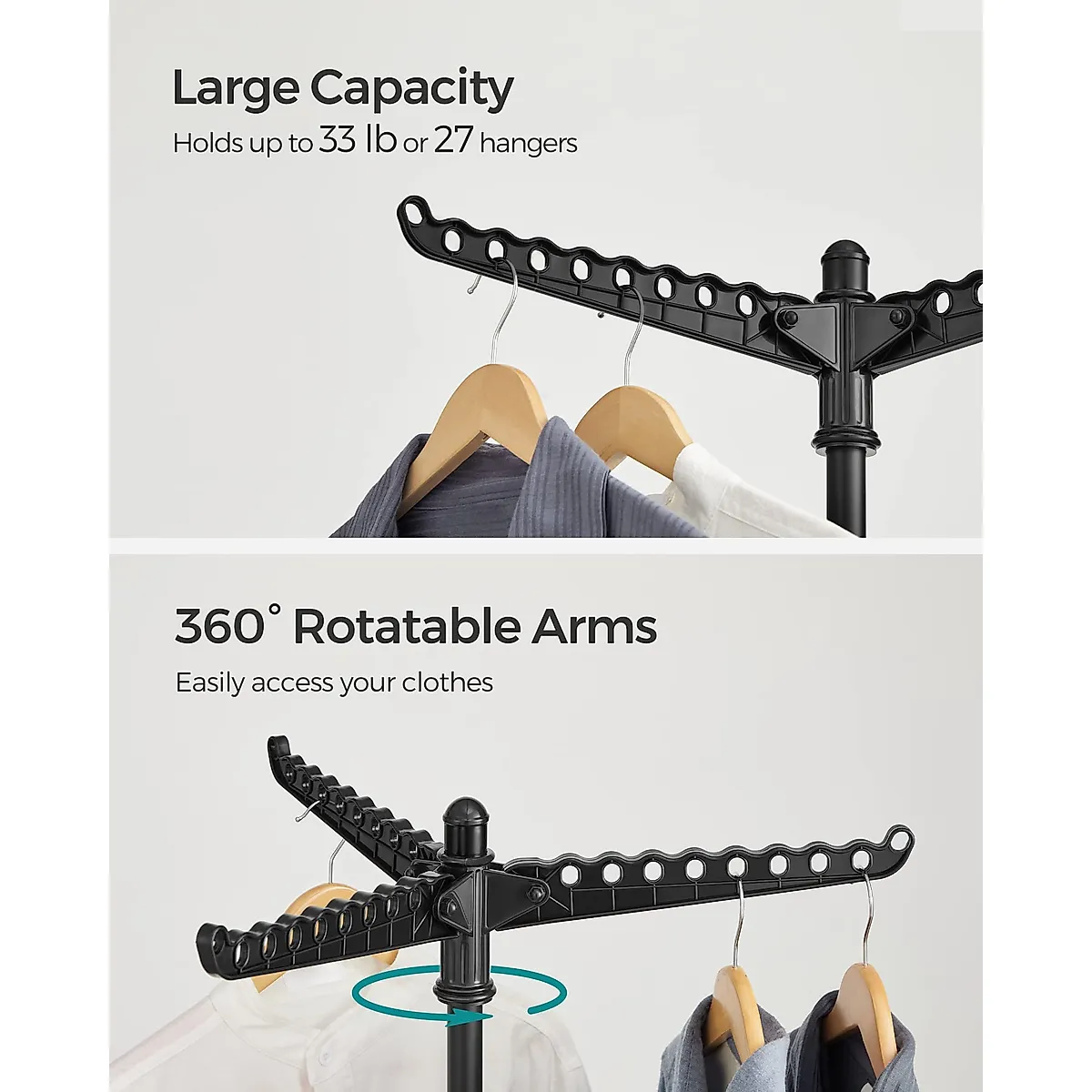 SONGMICS Clothes Drying Rack, 59-Inch Folding Laundry Drying Rack with 3 Rotatable Arms for Hangers, 4 Legs, Stainless Steel, for 27 Pieces of Clothes, Black ULLR510B01