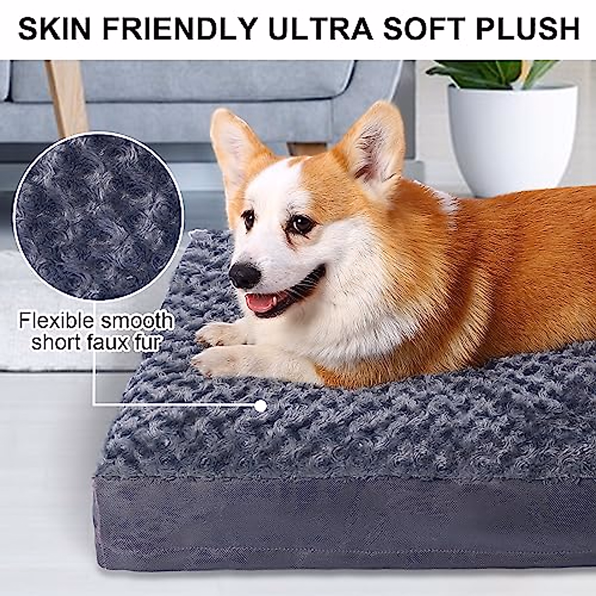 kimpets Dog Beds for Medium Large Dogs with Removable Washable Cover, 36"x 24" Shredded Memory Foam Orthopedic Dog Bed, Plush Soft Fluffy Pet Beds, Waterproof Dog Mats for Sleeping