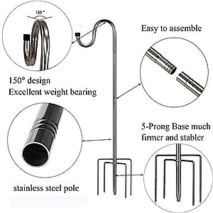 Shepherds Hook for Outdoor, 78 Inch Tall & 5/8 Inch Diameter Stainless Steel Heavy Duty Poles to Hang Outdoor Lights with 5 Prongs Base, Suitable for Bird Feeders or Wedding Decors(1pack)