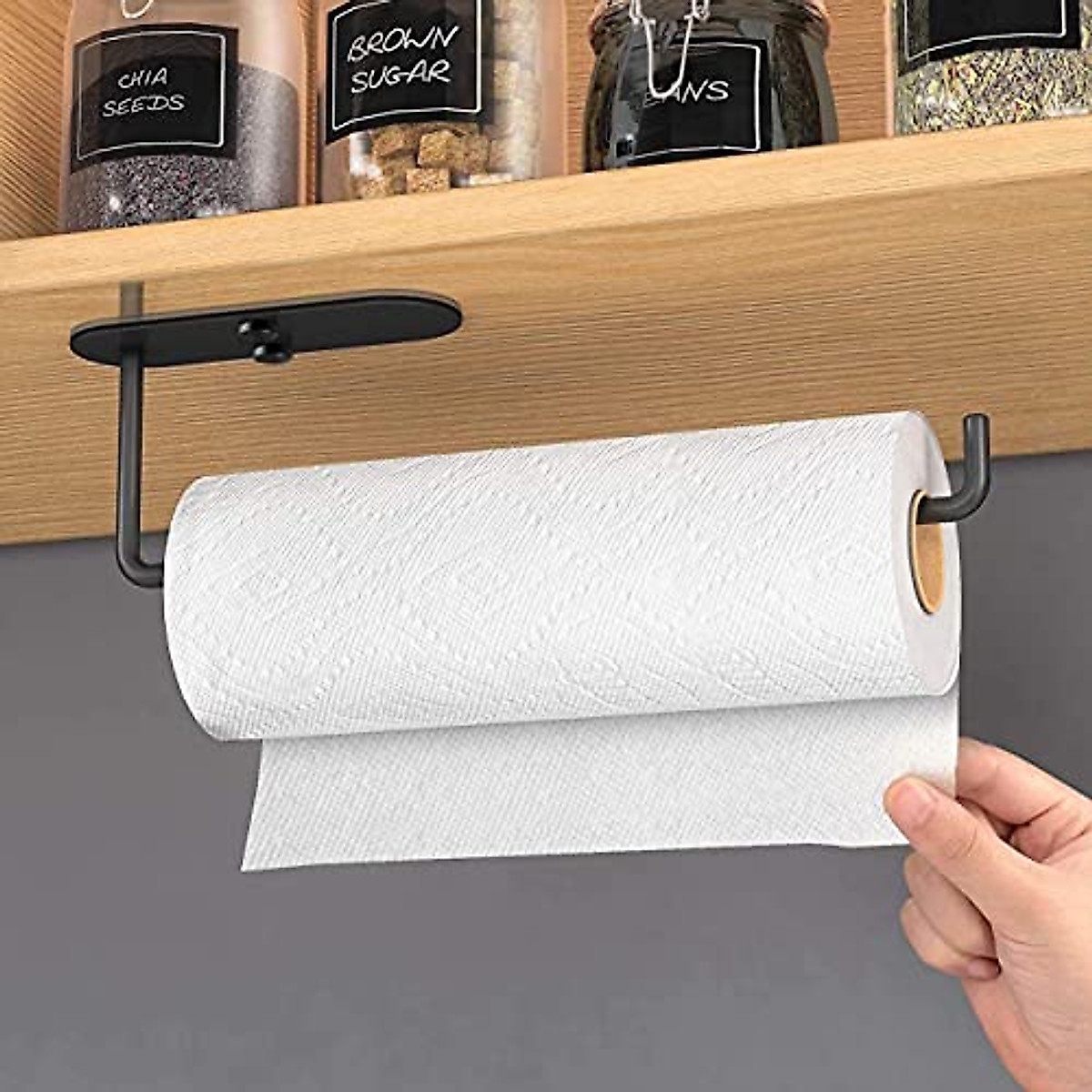 HUFEEOH Paper Towel Holder Under Cabinet Wall Mount for Kitchen Paper Towel, Black Adhesive Paper Towel Roll Rack for Bathroom Towel, SUS304 Stainless Steel