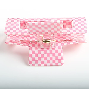 Checkered Hair Claw Clips,Pack of 1,Vintage Checkered Claw Clips Cellulose Acetate Banana Clips,Nonslip Banana Hair Clamp for Women Girls (Pink,L)