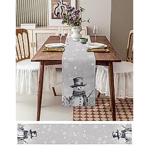 Grey Snowman Christmas Table Runner 36 Inches Long, Xmas Berry Botanical Farmhouse Dress Scarves, Winter Snowflake Dining Tablerunner for Coffee Table/Kitchen Island/Christmas Party, Small 13"x36"