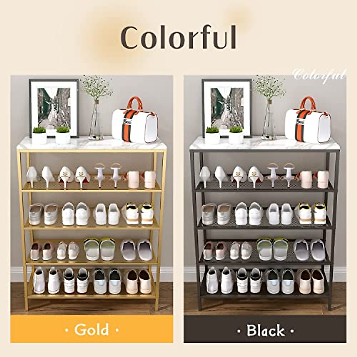 IOTXT Metal Shoe Rack, 5-Tier Shoe Storage Unit Flat, Shoe Organizer Shelf with 4 Metal Mesh Shelves and MDF Wooden Top Board for Entryway, Hallway, Closet, Living Room, Bedroom, Industrial, Gold