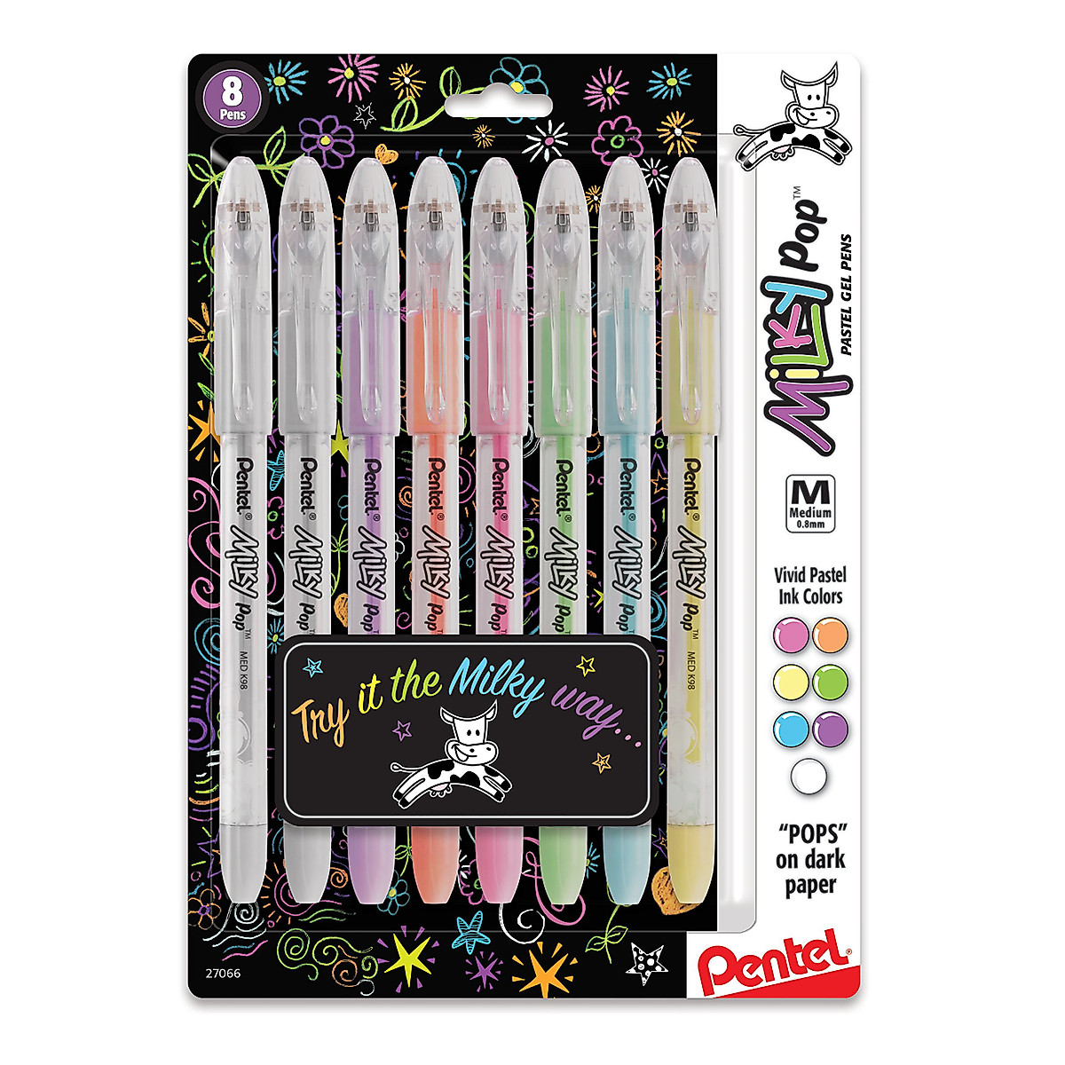Pentel Milky Pop Pastel Gel Pen, (0.8mm), Medium Line, Assorted Colors, Pack of 8 (K98BP8M)