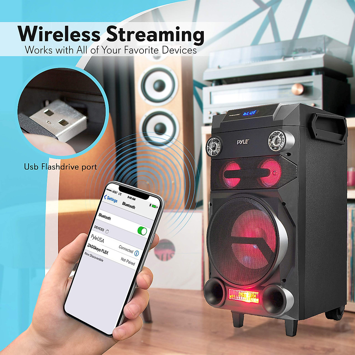 Pyle Portable Wireless Bluetooth Karaoke PA Loud speaker - 8'' Subwoofer Sound System with DJ Lights, Rechargeable Battery, FM Radio, USB / Micro SD Reader, Microphone, Remote - PWMA335BT