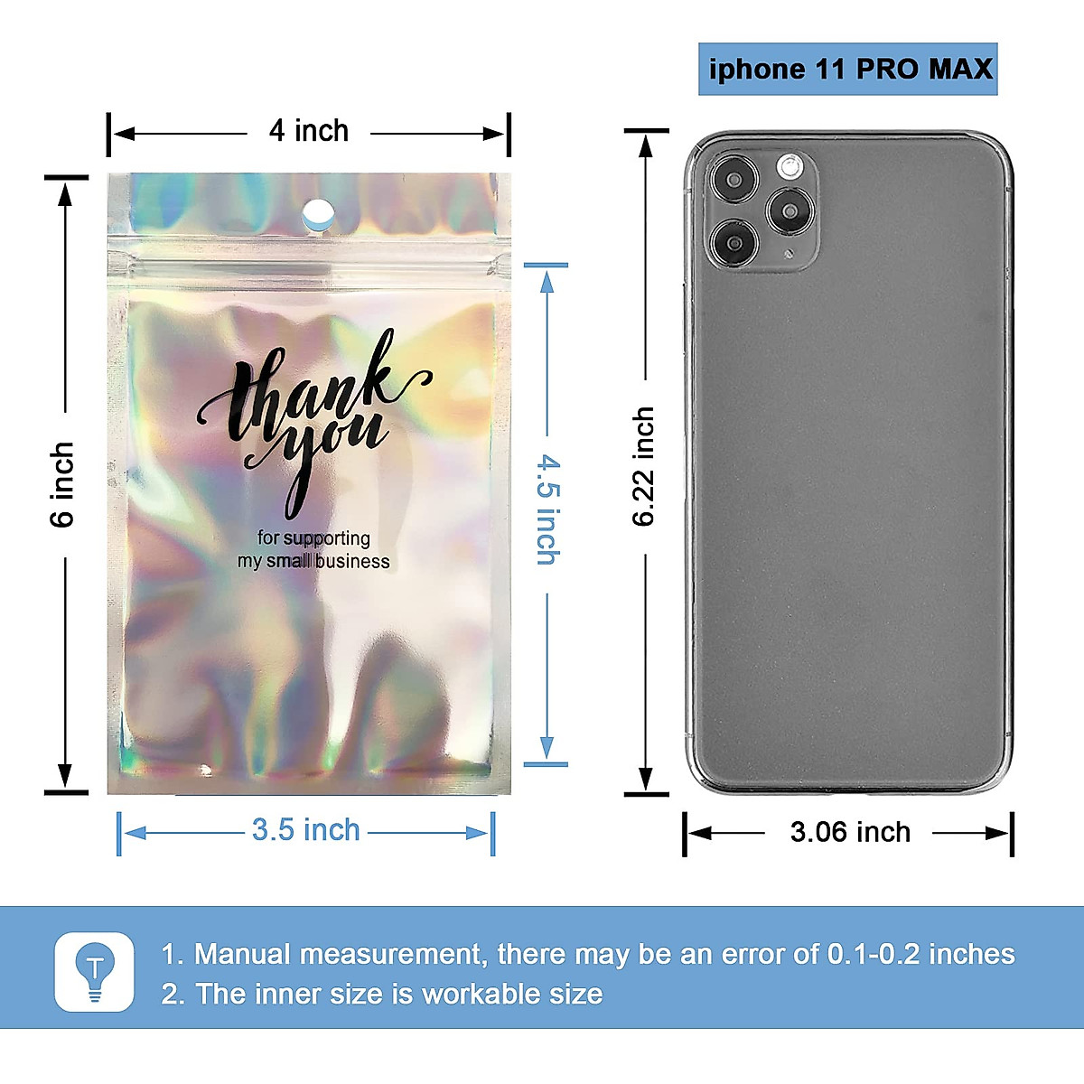 100 Pieces Mylar Holographic Resealable Bags, Resealable Mylar Bags for Small Business, Foil Pouch Ziplock Bags for Multipurpose Storage (Holographic Color, 4 x 6 Inch)