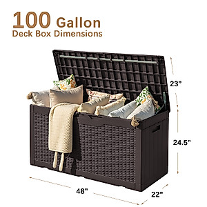 Devoko 97 Gallon Deck Box, Waterproof Resin Outdoor Storage Box for Outside and Patio, Large Outdoor Storage Bench Cabinet Lockable for Patio Furniture, Garden Tools and Pool Supplies (Deep Brown)