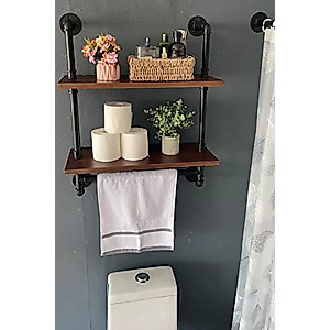 MEYRUOXI Pipe Shelves Industrial Pipe Shelving Industrial Bathroom Shelves with Towel bar,24 in Rustic Metal Pipe Floating Shelves Pipe Wall Shelf,2 Tier Industrial Shelf Wall Mounted with Hook