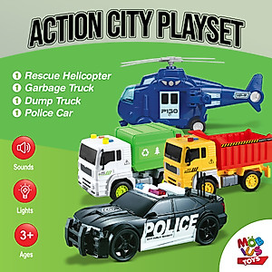 City Car Toy Playset of 3 Vehicles - Friction-Powered w/ Realistic Lights & Sounds - Includes Police Car, Garbage Truck, Construction Dump Truck & Helicopter - Toddler Boys Toy for Kids Ages 3-5