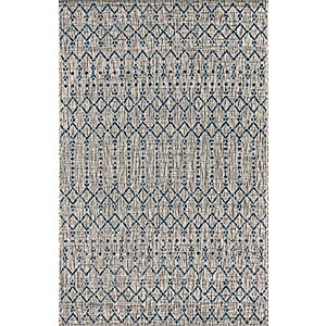 JONATHAN Y SMB108A-3 Ourika Moroccan Geometric Textured Weave Indoor Outdoor Area Rug, Bohemian, Rustic, Scandinavian Easy Cleaning,Bedroom,Kitchen,Backyard,Patio,Non Shedding, Light Gray/Navy, 3 X 5