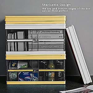 WWahuayuan Foldable Storage Bin With Lid, Collapsible Plastic Storage Box, Stackable Clear Storage Case with Handle for Home/Office/Car/Kitchen (Yellow)