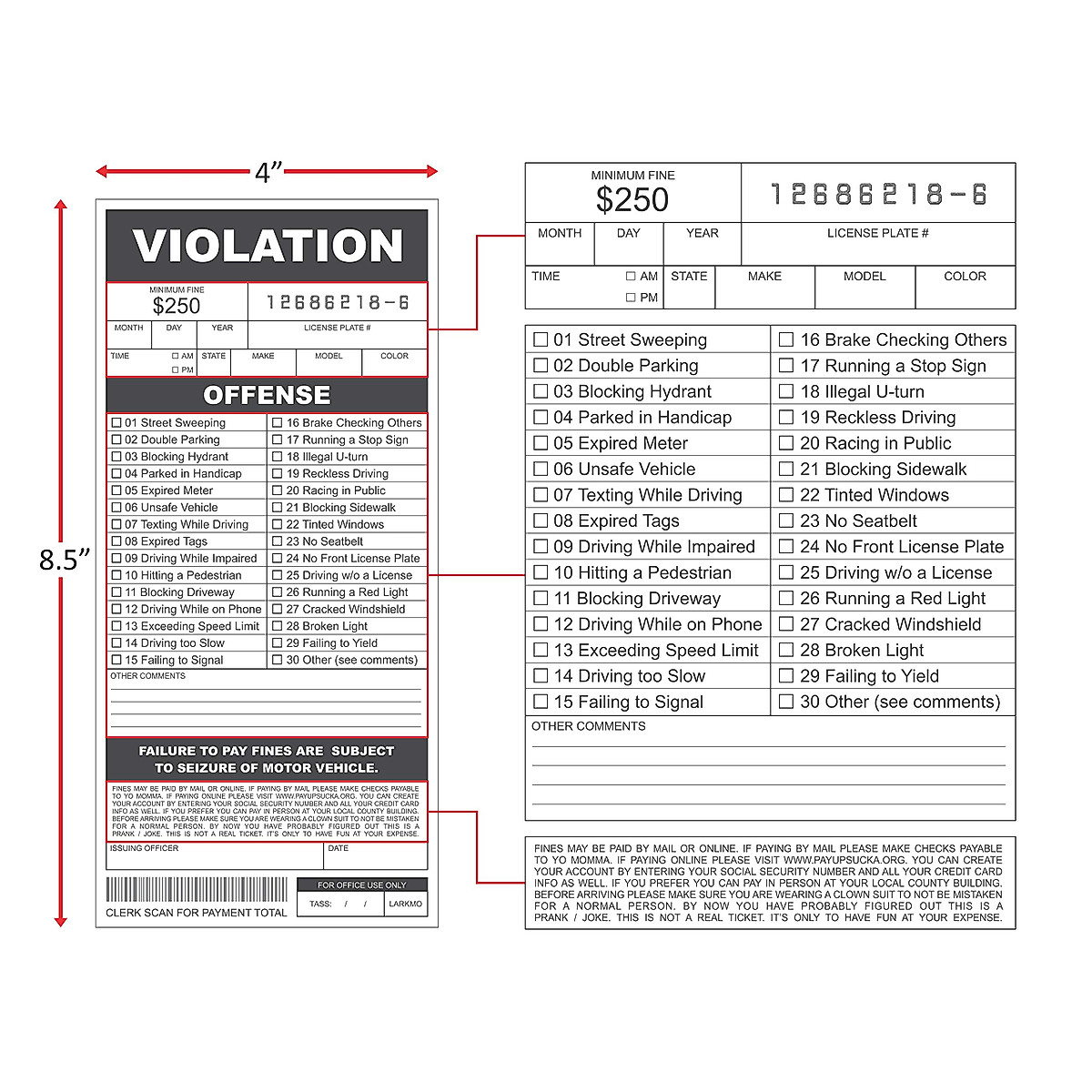 Fake Parking Tickets Prank - Qty 25, Joke Violation Parking, Funny Gag Pretend Police Traffic and Safety Car Citations, Kid Friendly